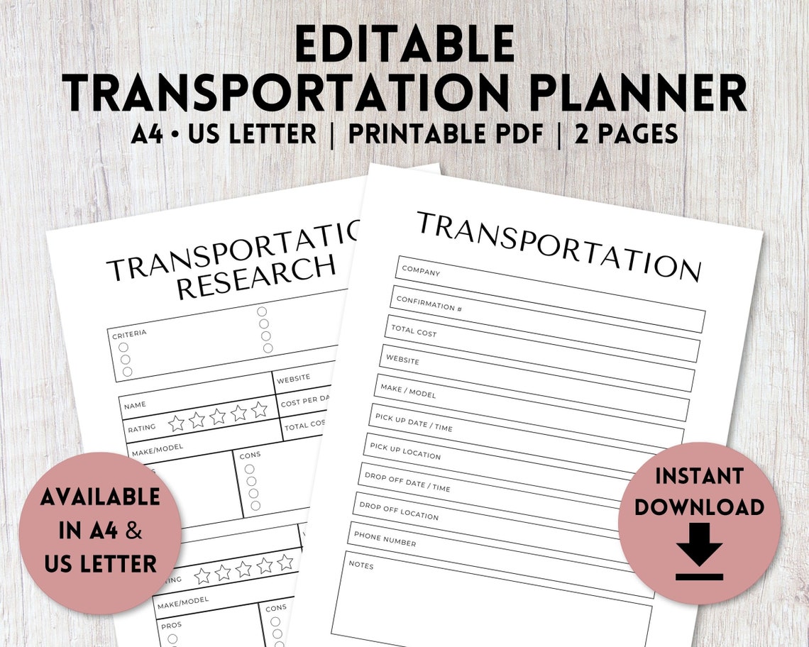 Editable Transportation Planner Printable | Car Rental | Travel ...