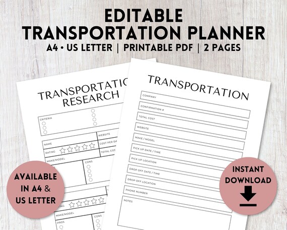 Editable Transportation Planner Printable Car Rental - Etsy