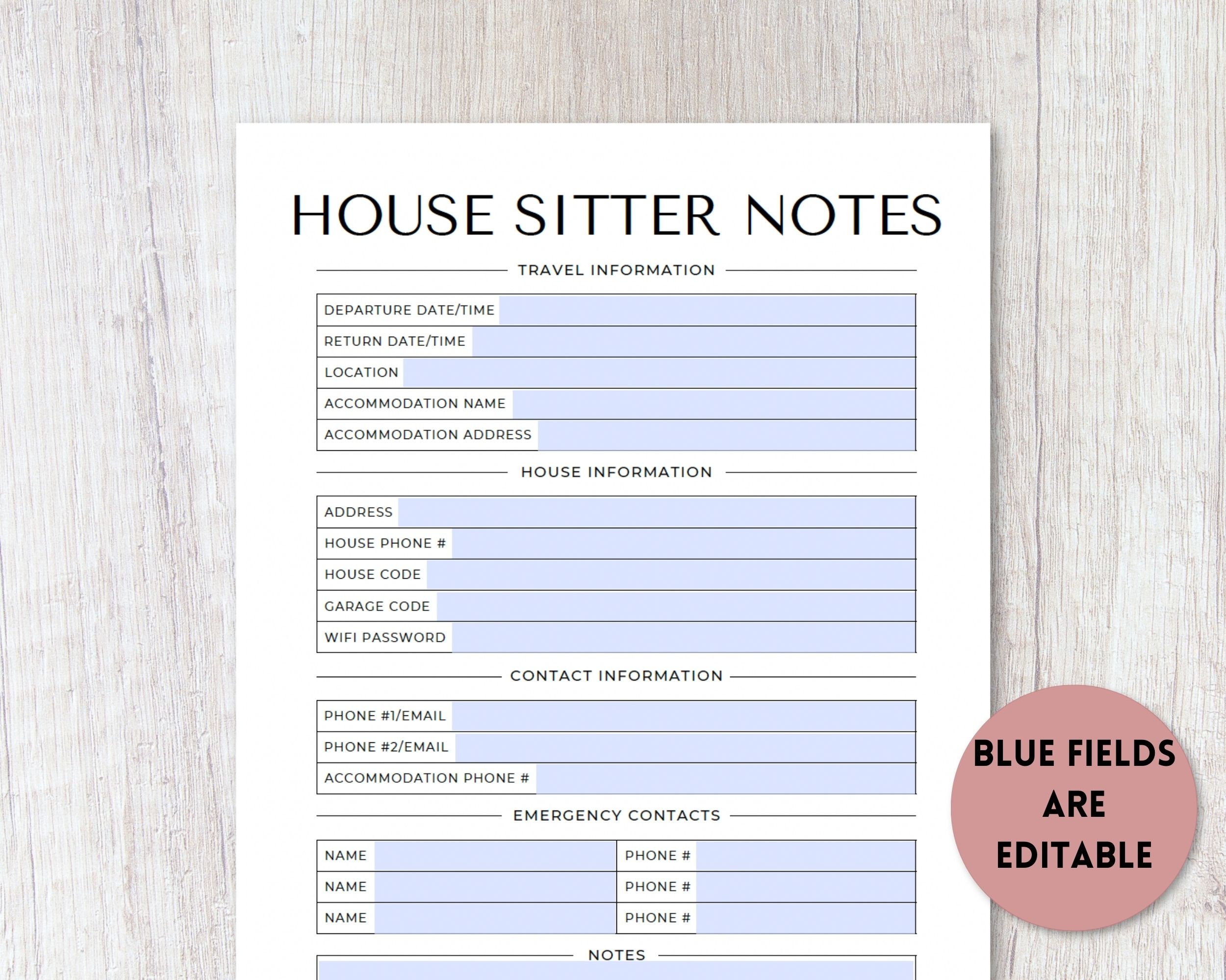 Editable House Sitter Notes Printable | House Sitter Information ...