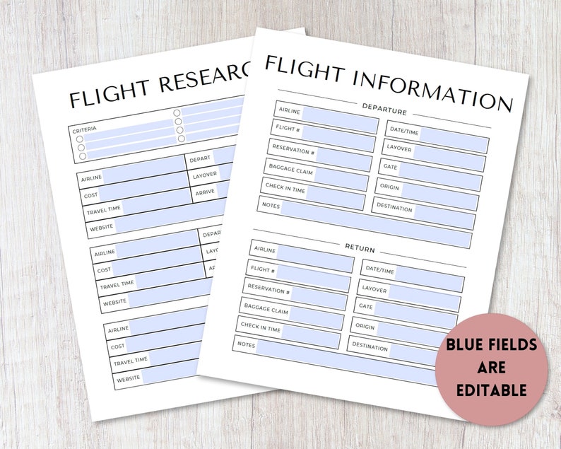 Editable Flight Planner Printable | Flight Information Sheet | Travel ...