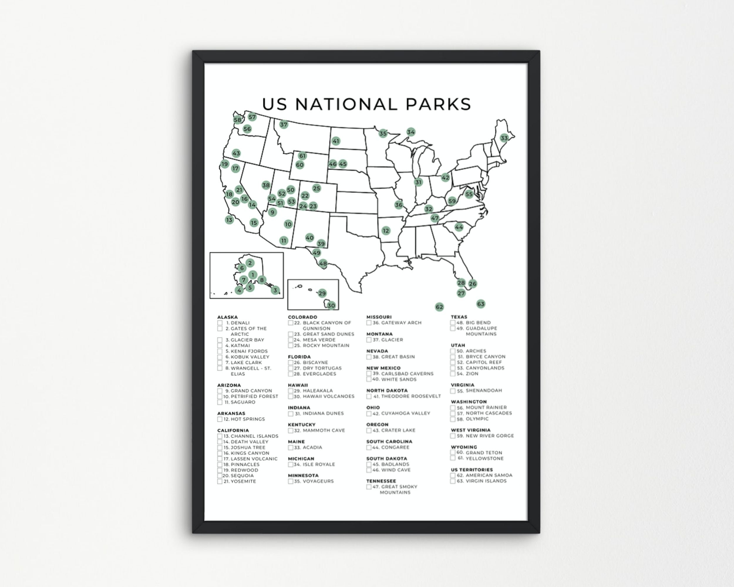 US National Parks Checklist Printable | 63 National Parks Poster ...