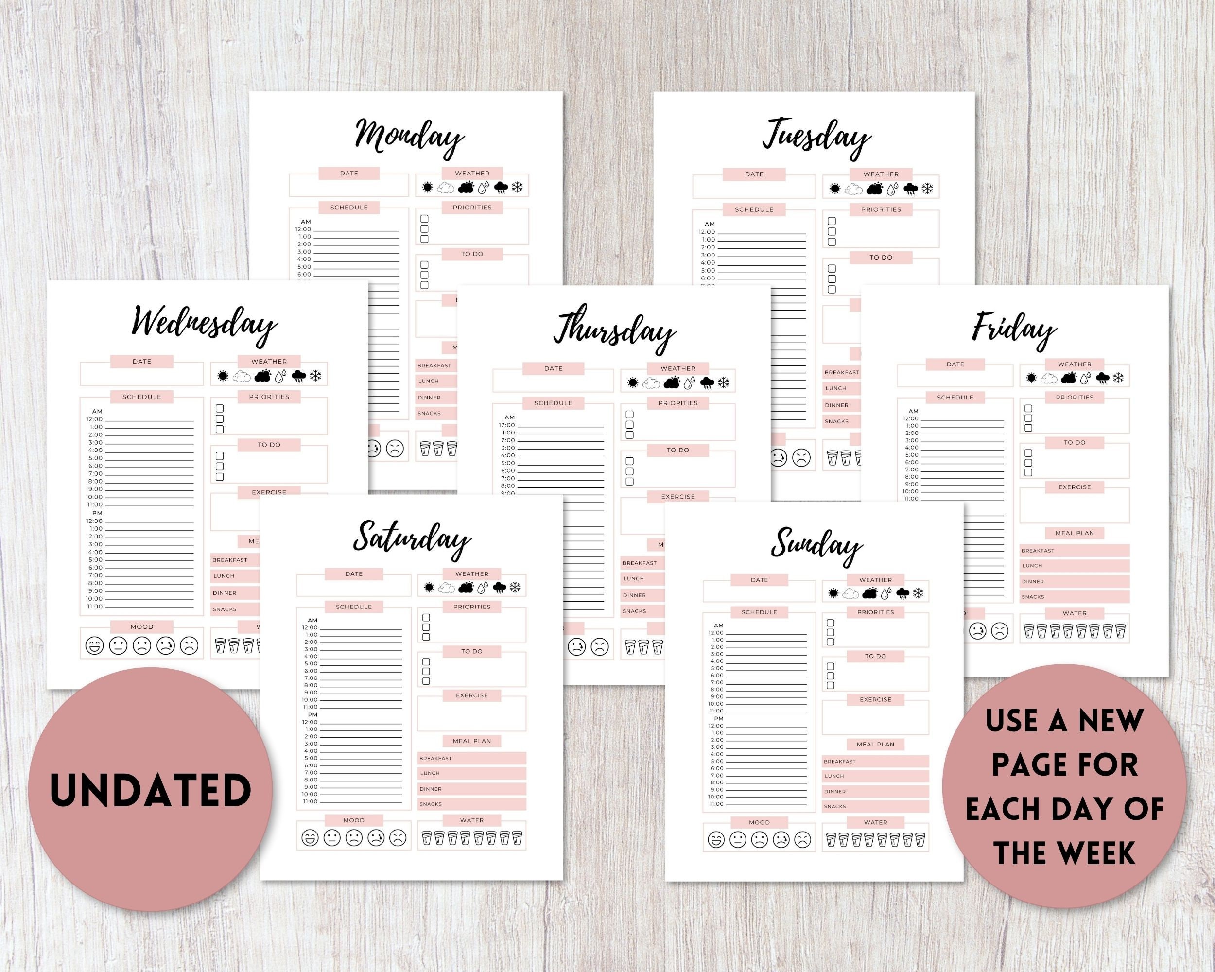 Daily Planner Bundle Printable Pink 7 Day Planner Mood Tracker A4, A5 ...