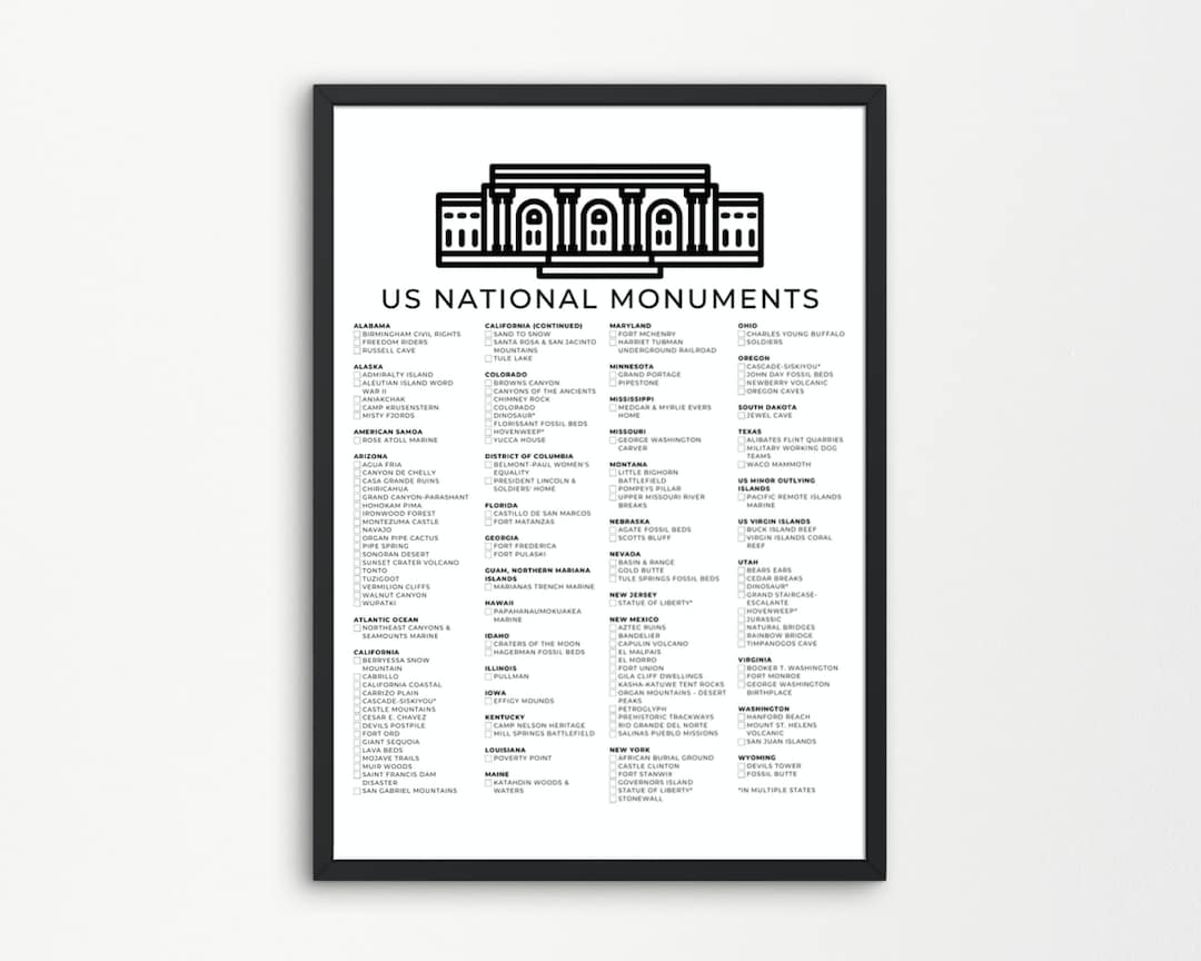 US National Monuments Checklist Printable | National Monument Sign ...