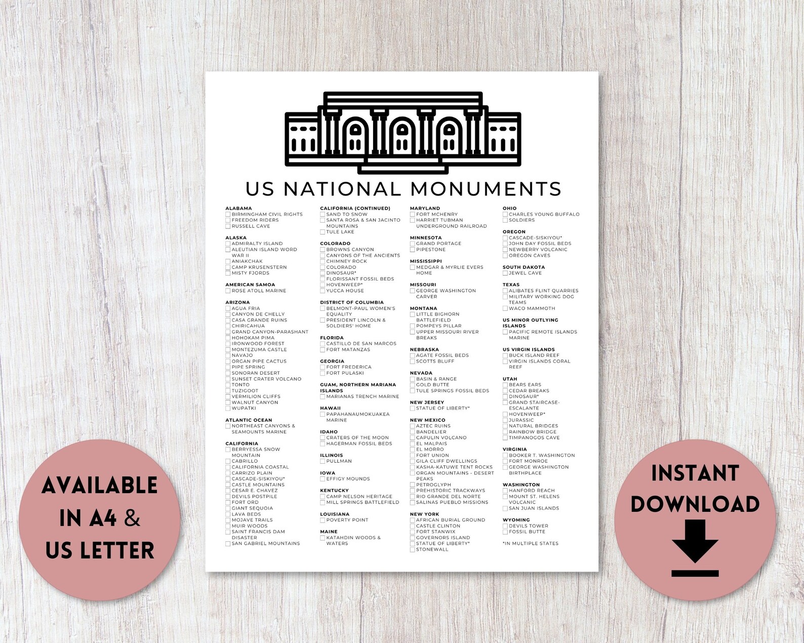 US National Monuments Checklist Printable | National Monument Sign ...
