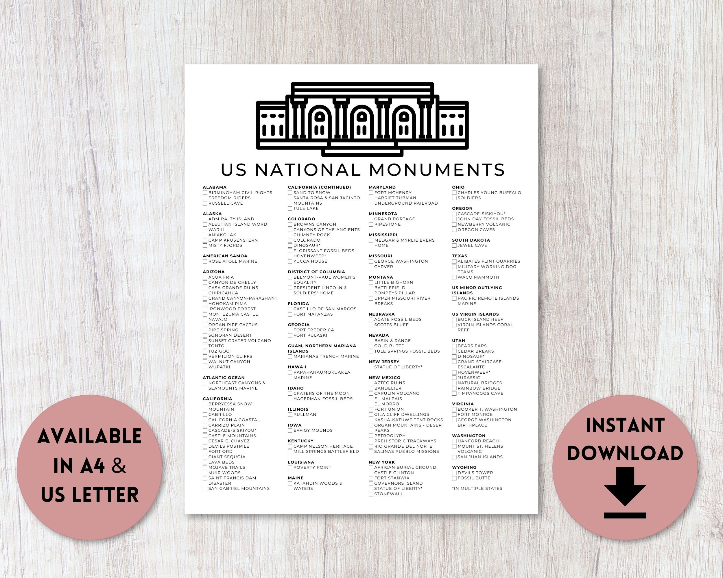 US National Monuments Checklist Printable | National Monument Sign ...