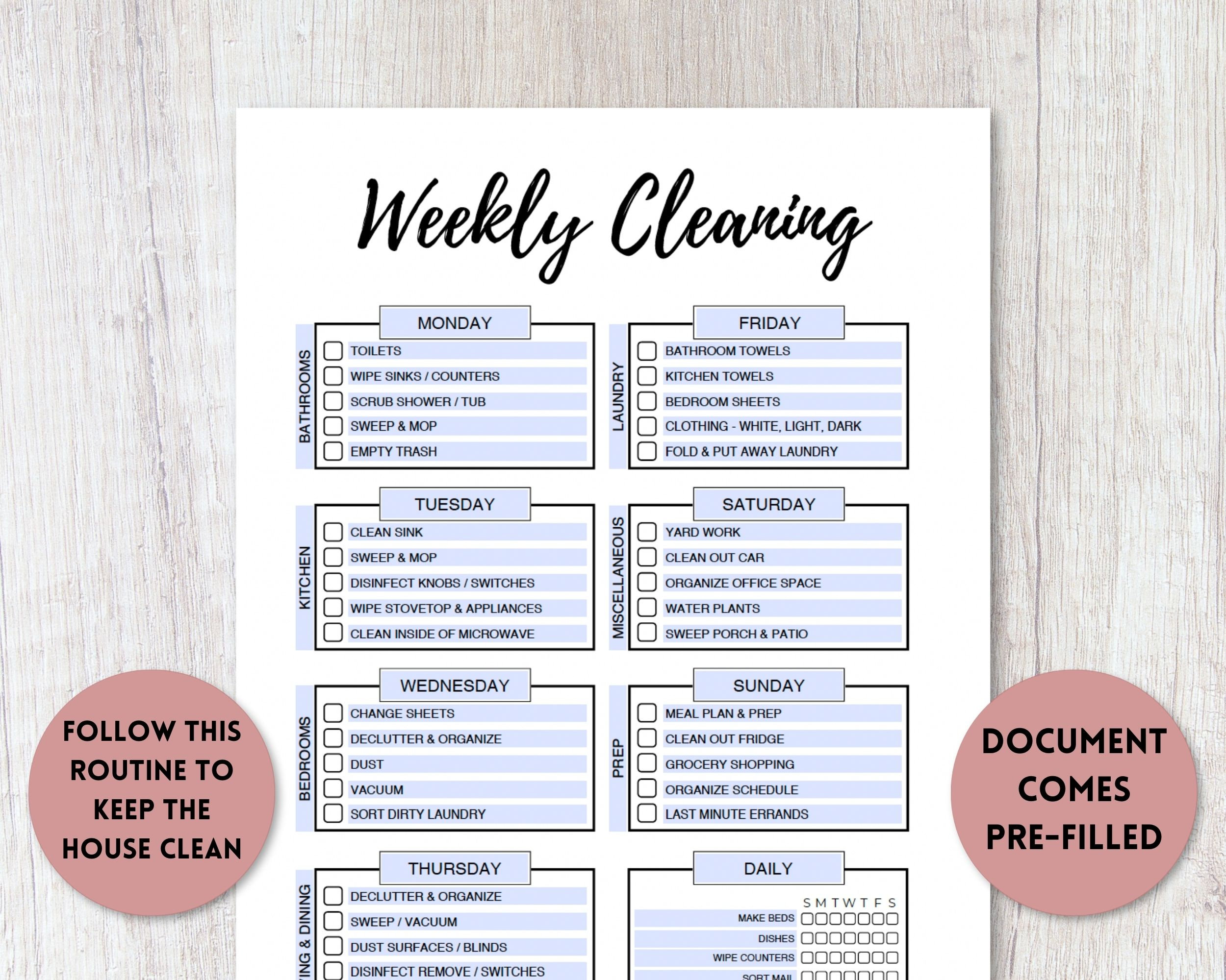 Editable Weekly Cleaning Checklist Printable Cleaning - Etsy