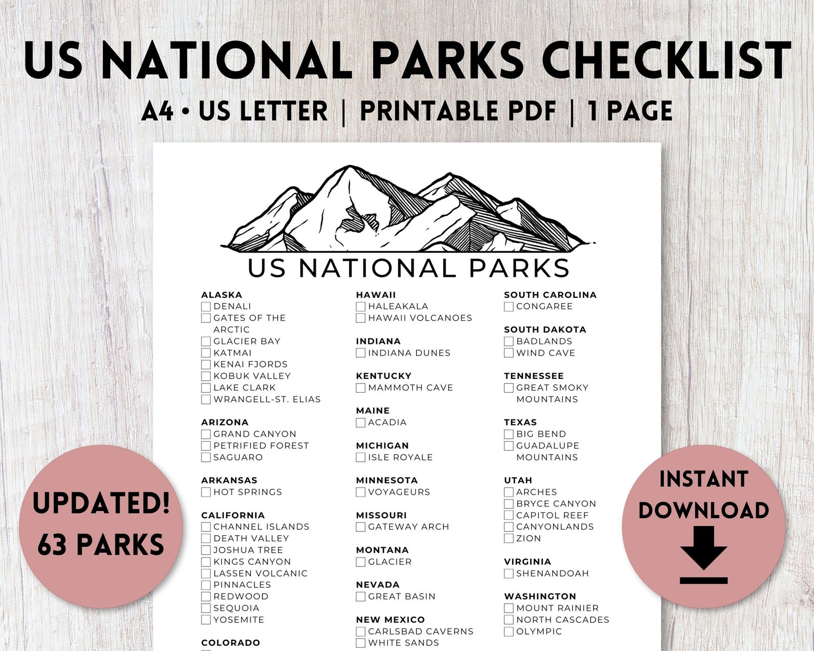 US National Parks Checklist Printable | 63 National Parks Poster ...