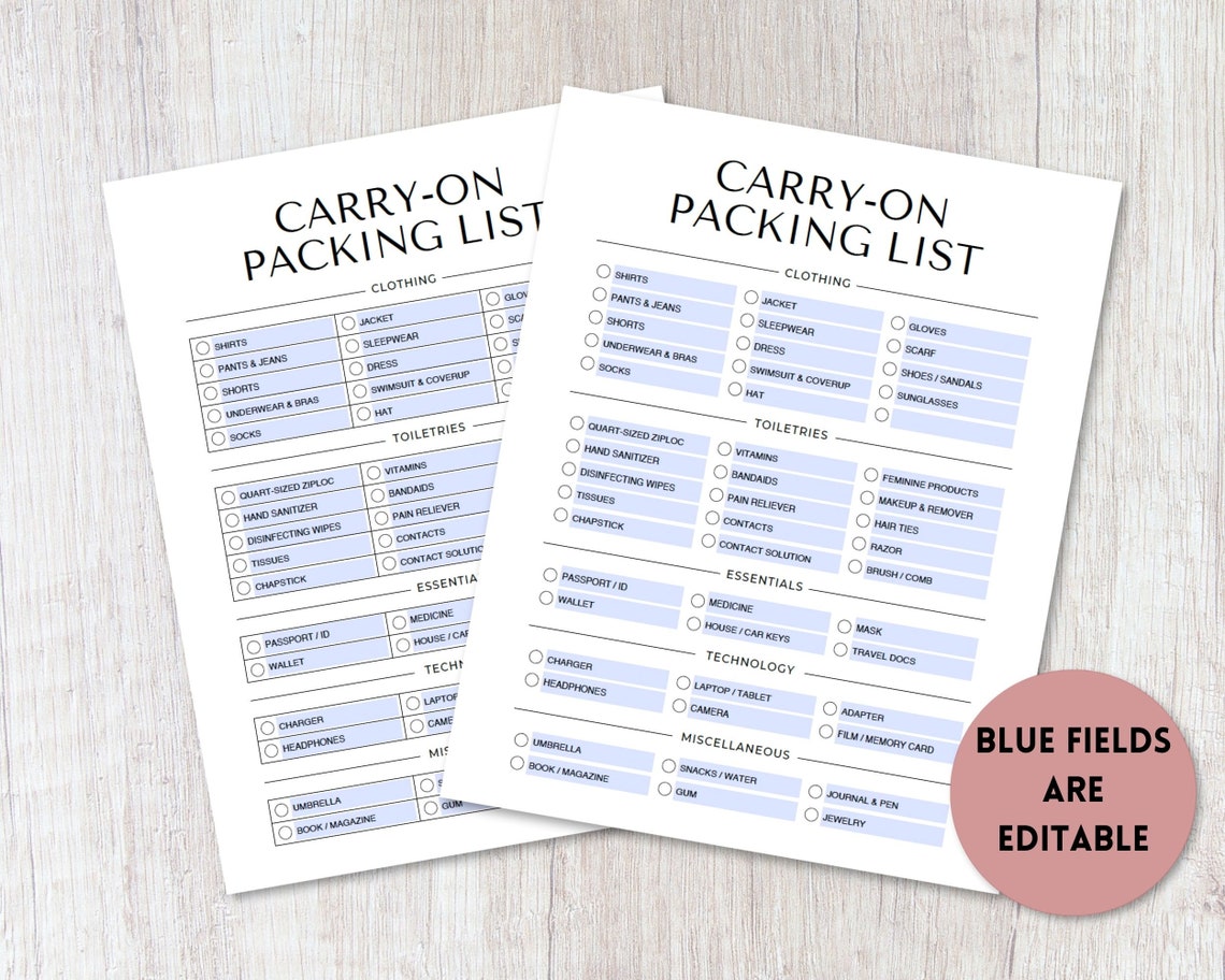 Editable Carry on Packing List Printable | Editable Packing List ...