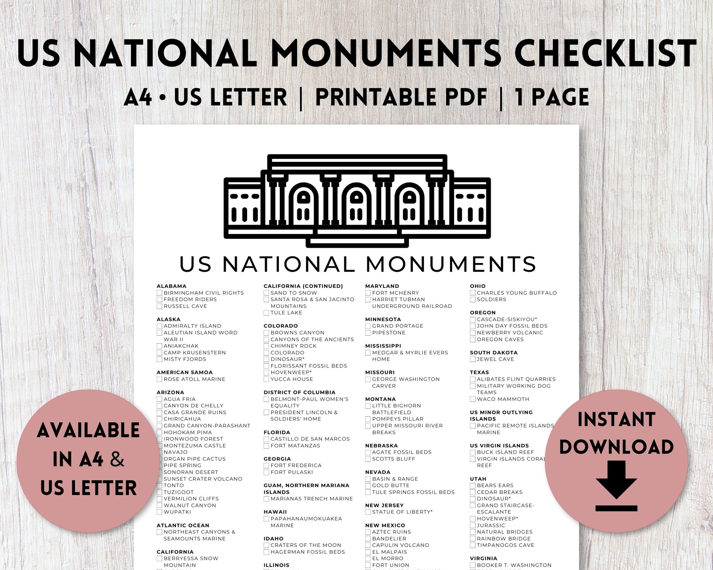 US National Monuments Checklist Printable | National Monument Sign ...