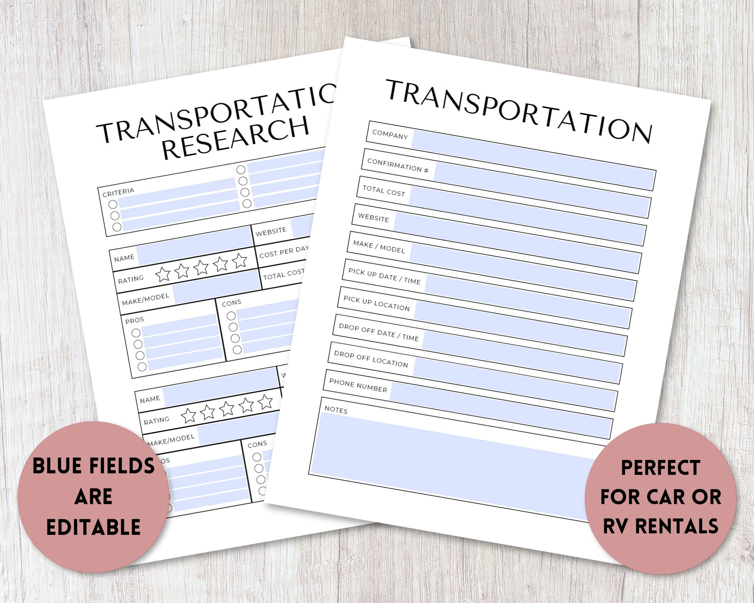 Editable Travel Research Printable Car Rental Template - Etsy