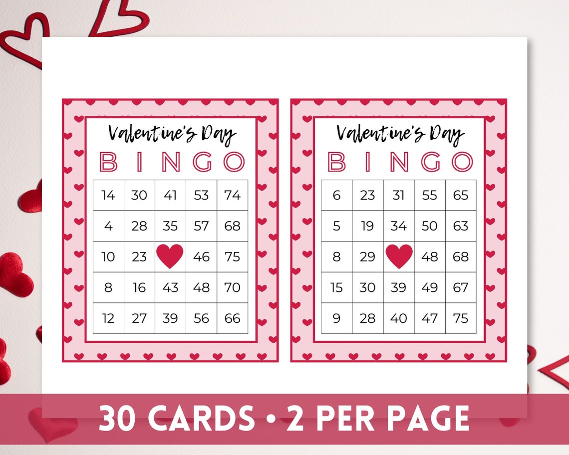 30 Valentines Day Bingo Cards Printable Pink, Red Valentines Bingo Game ...