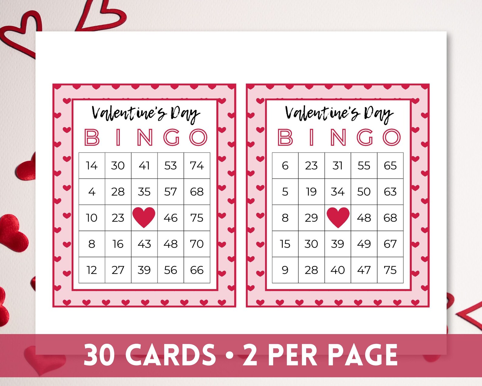 30 Valentines Day Bingo Cards Printable | Pink, Red Valentines Bingo ...