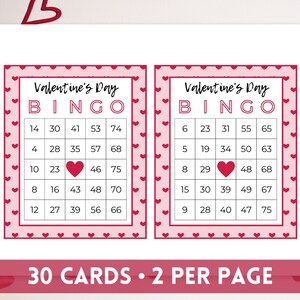 30 Valentines Day Bingo Cards Printable | Pink, Red Valentines Bingo ...