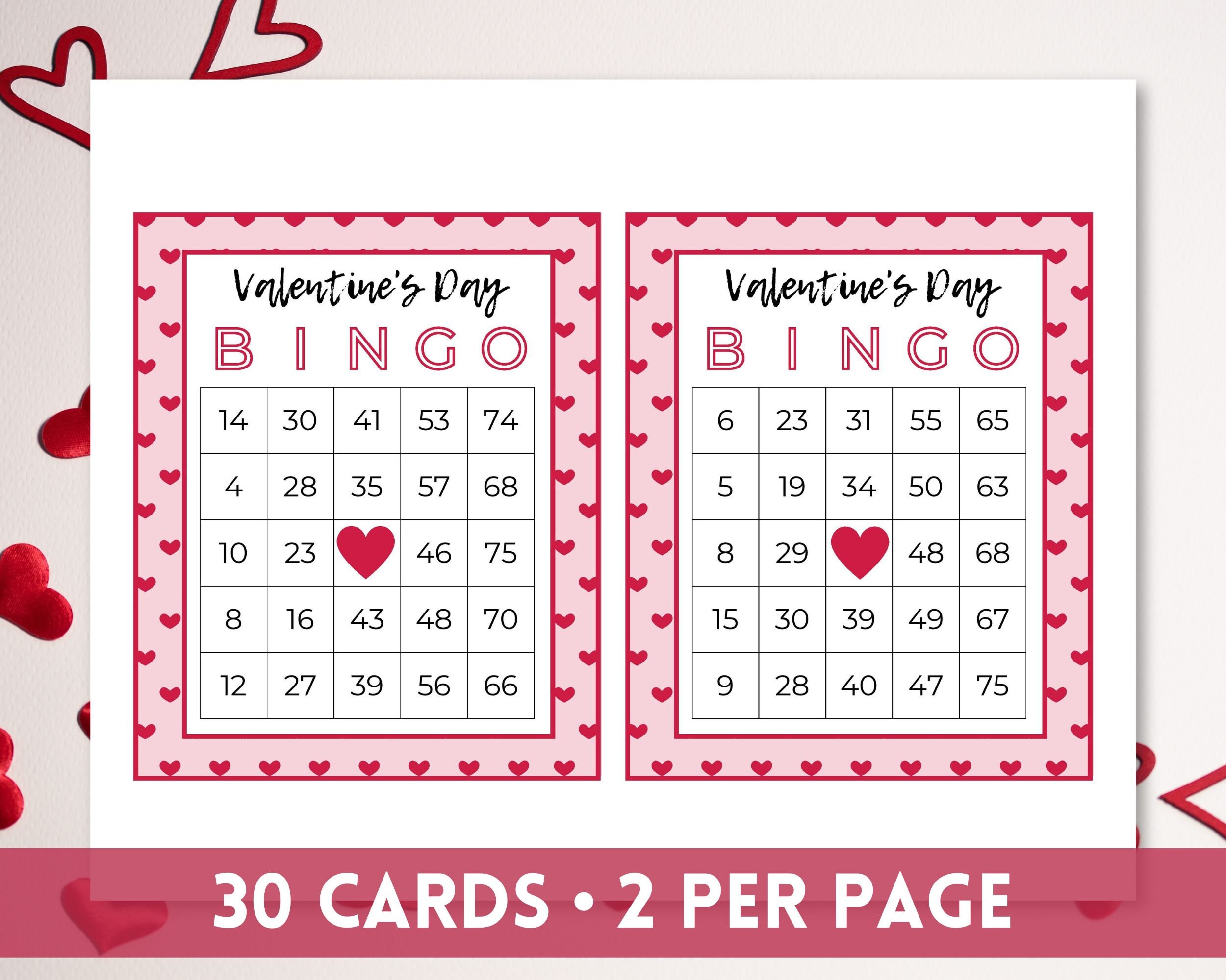 30 Valentines Day Bingo Cards Printable Pink, Red Valentines Bingo Game ...