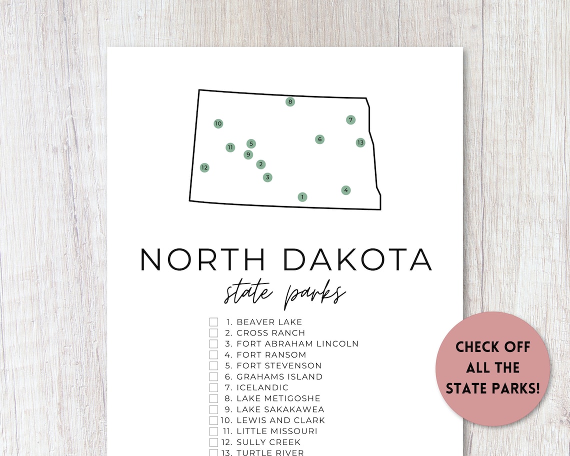 North Dakota State Park Map Printable State Park Checklist - Etsy