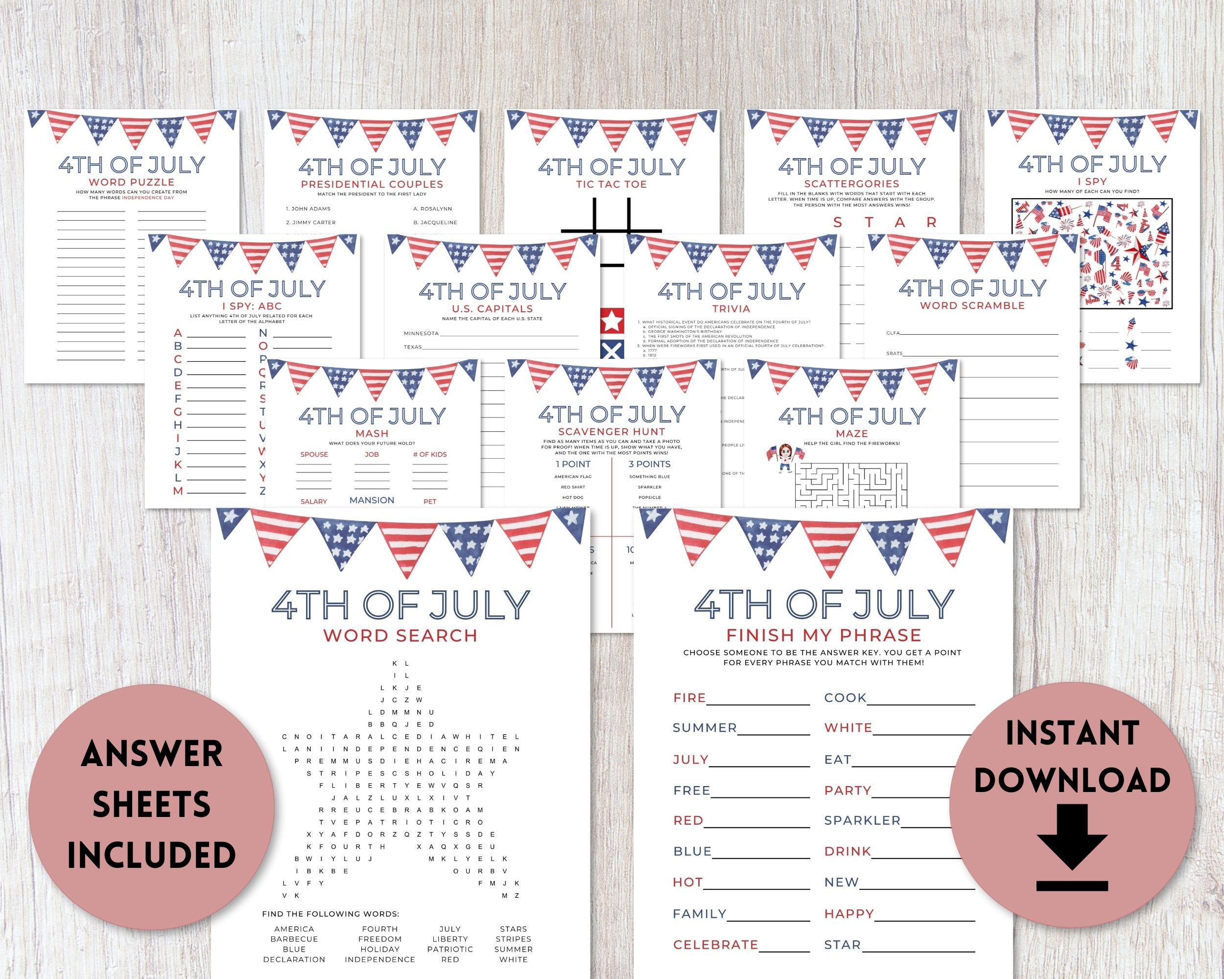 4th of July Kid Games Bundle Printable | Independence Day Games ...