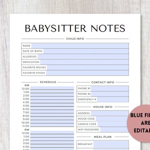 Editable Babysitter Notes Printable | Babysitter Information Sheet ...