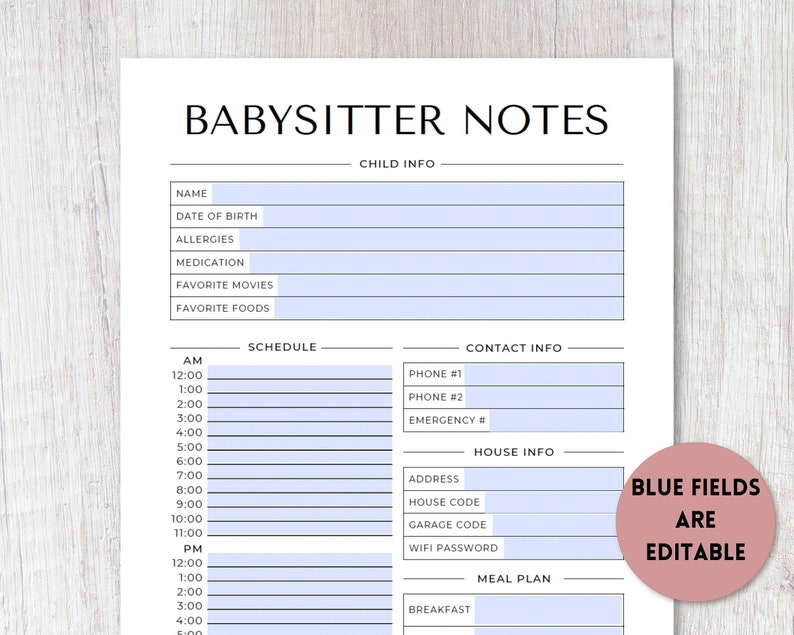Editable Babysitter Notes Printable Babysitter Information Sheet ...