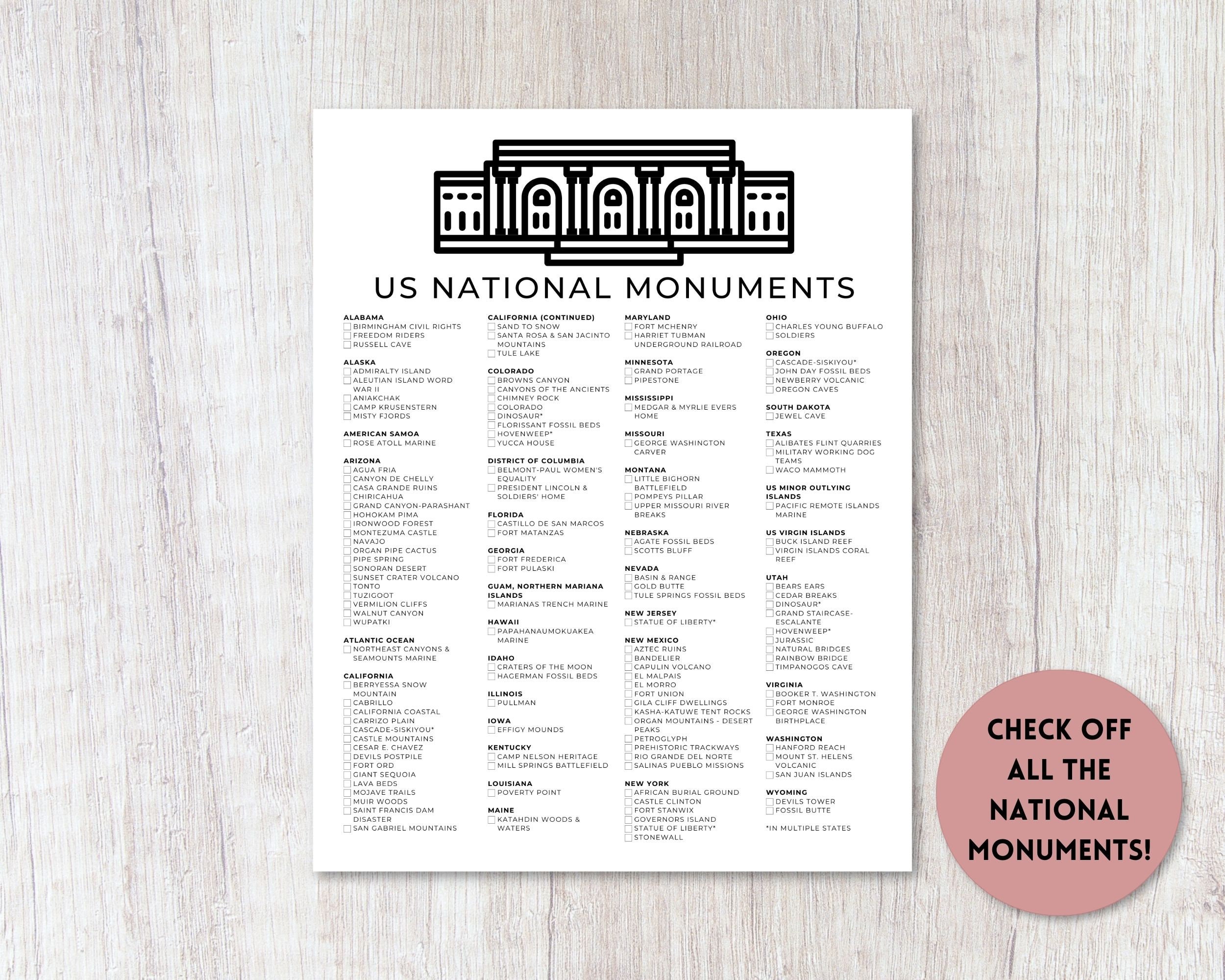 US National Monuments Checklist Printable | National Monument Sign ...