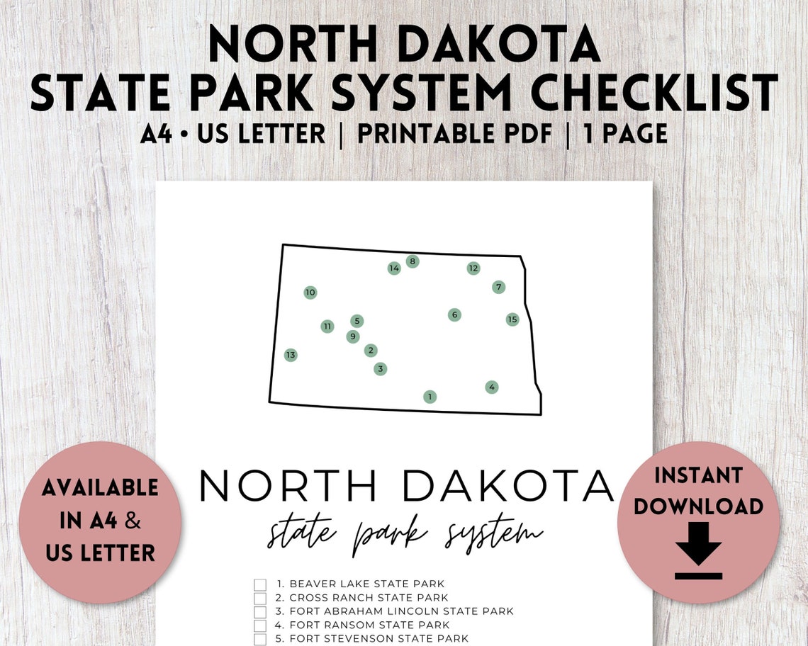 North Dakota State Park Map Printable State Park Checklist - Etsy