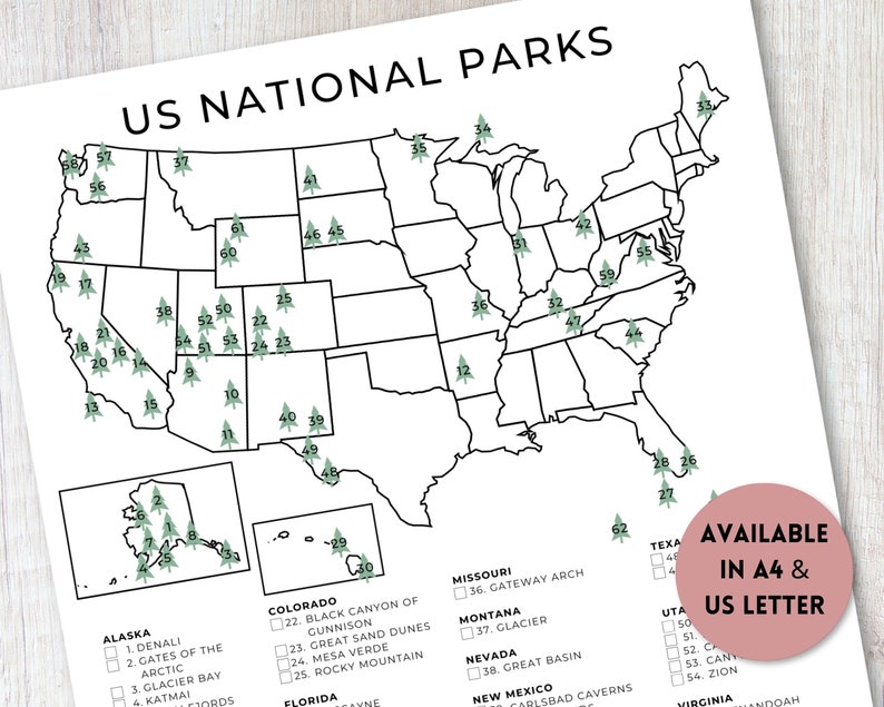 US National Parks Checklist Printable | 63 National Parks Poster ...