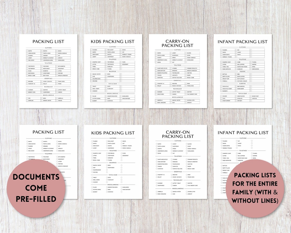 Editable Packing List Bundle Printable Travel Packing List - Etsy
