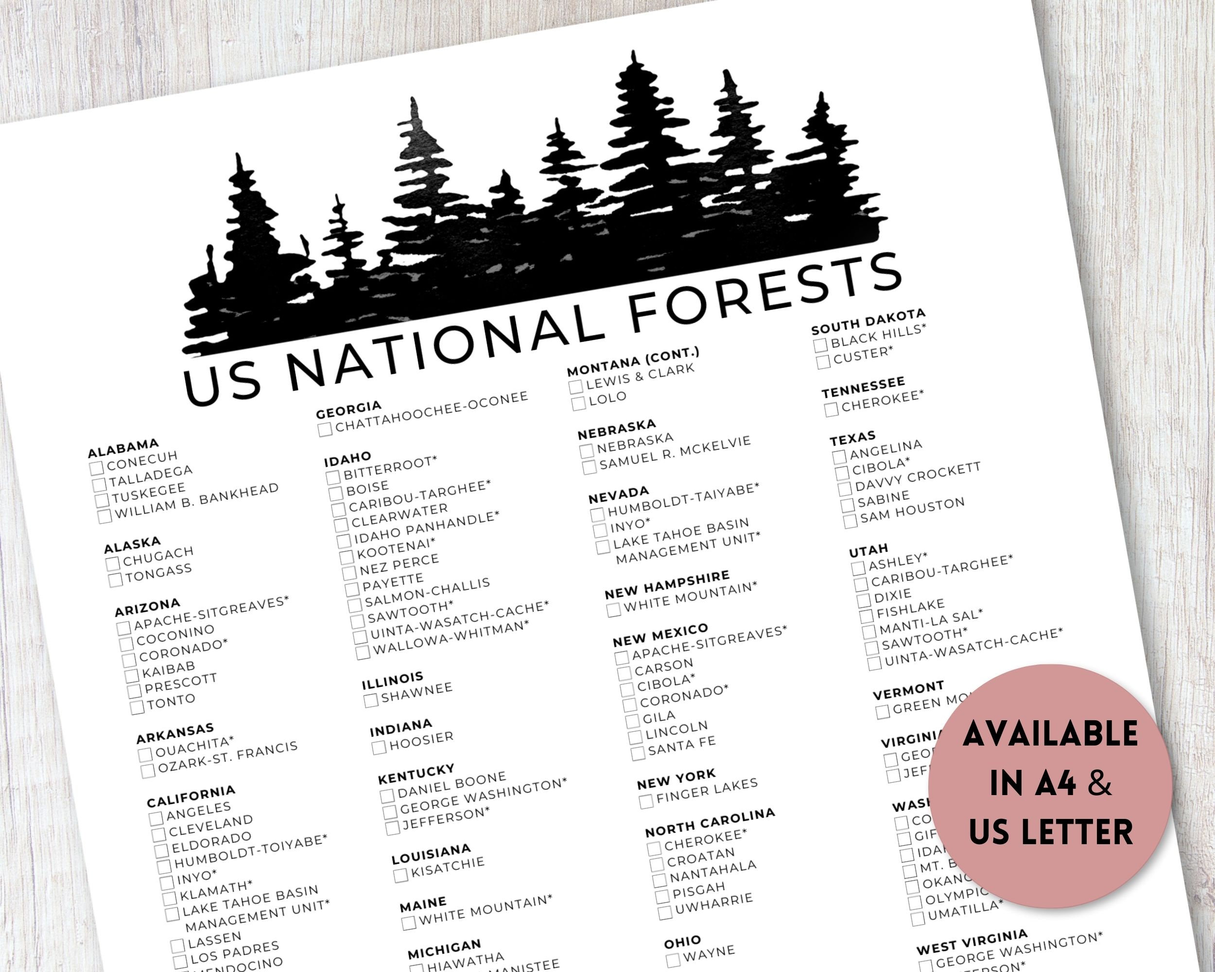 US National Forests Checklist Printable National Forest Sign | Etsy