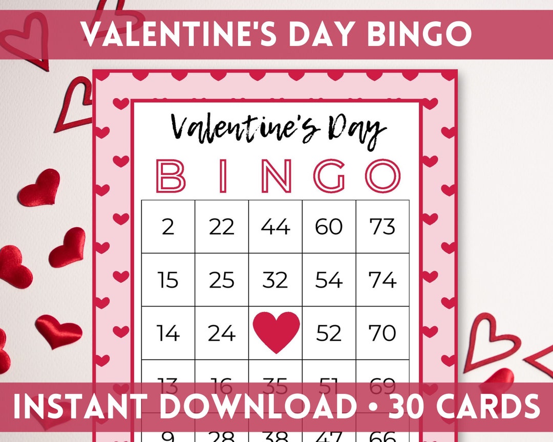 30 Valentines Day Bingo Cards Printable | Pink, Red Valentines Bingo ...