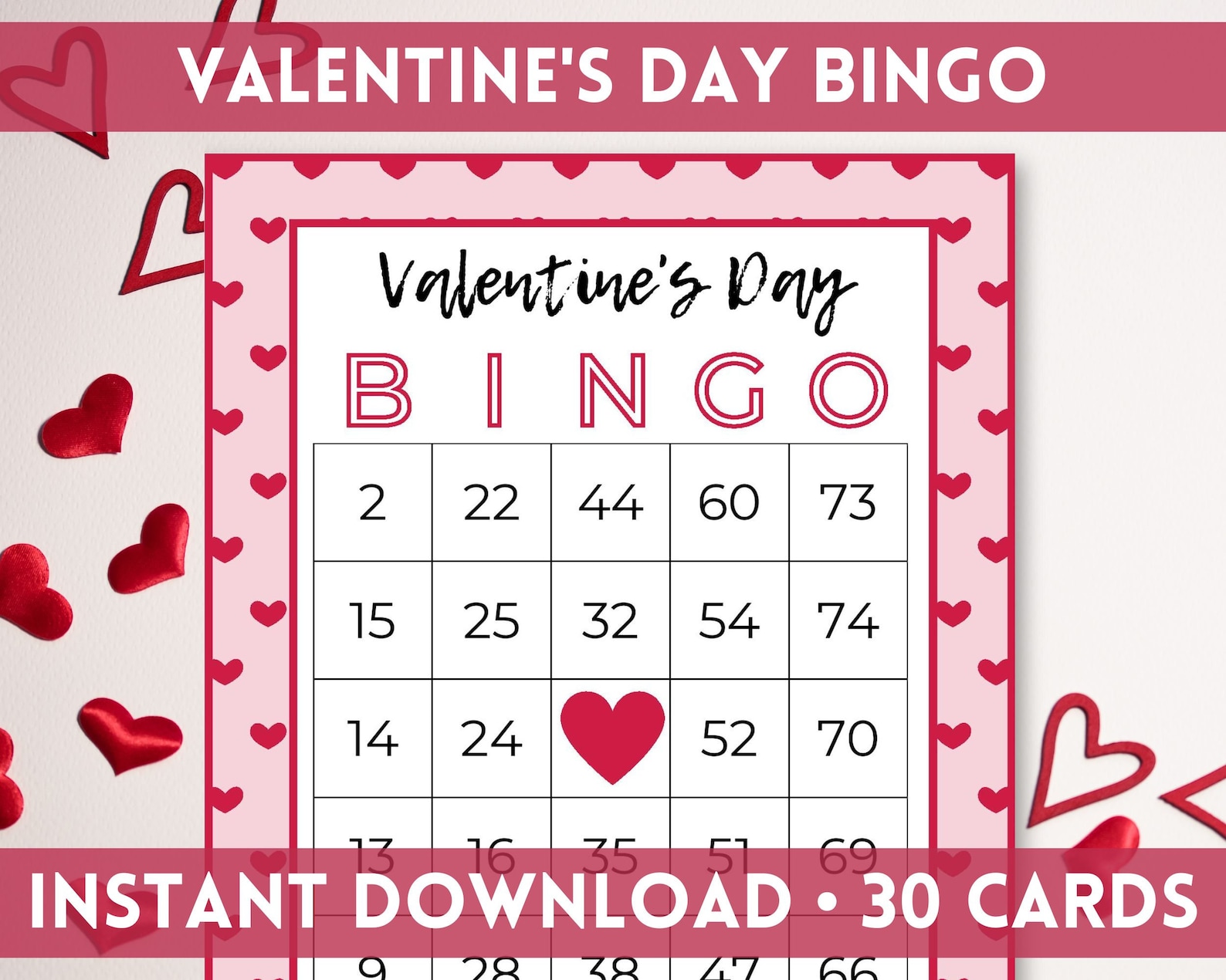 30 Valentines Day Bingo Cards Printable | Pink, Red Valentines Bingo ...