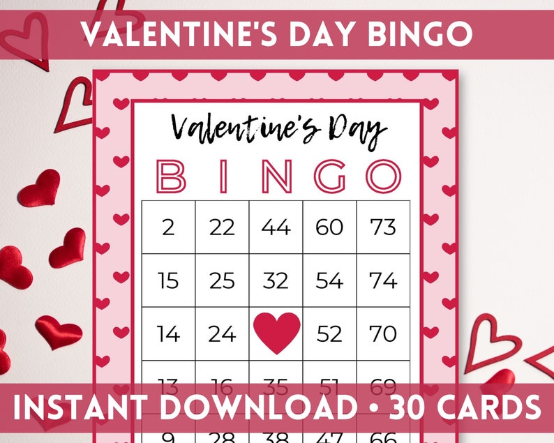 30 Valentines Day Bingo Cards Printable | Pink, Red Valentines Bingo ...
