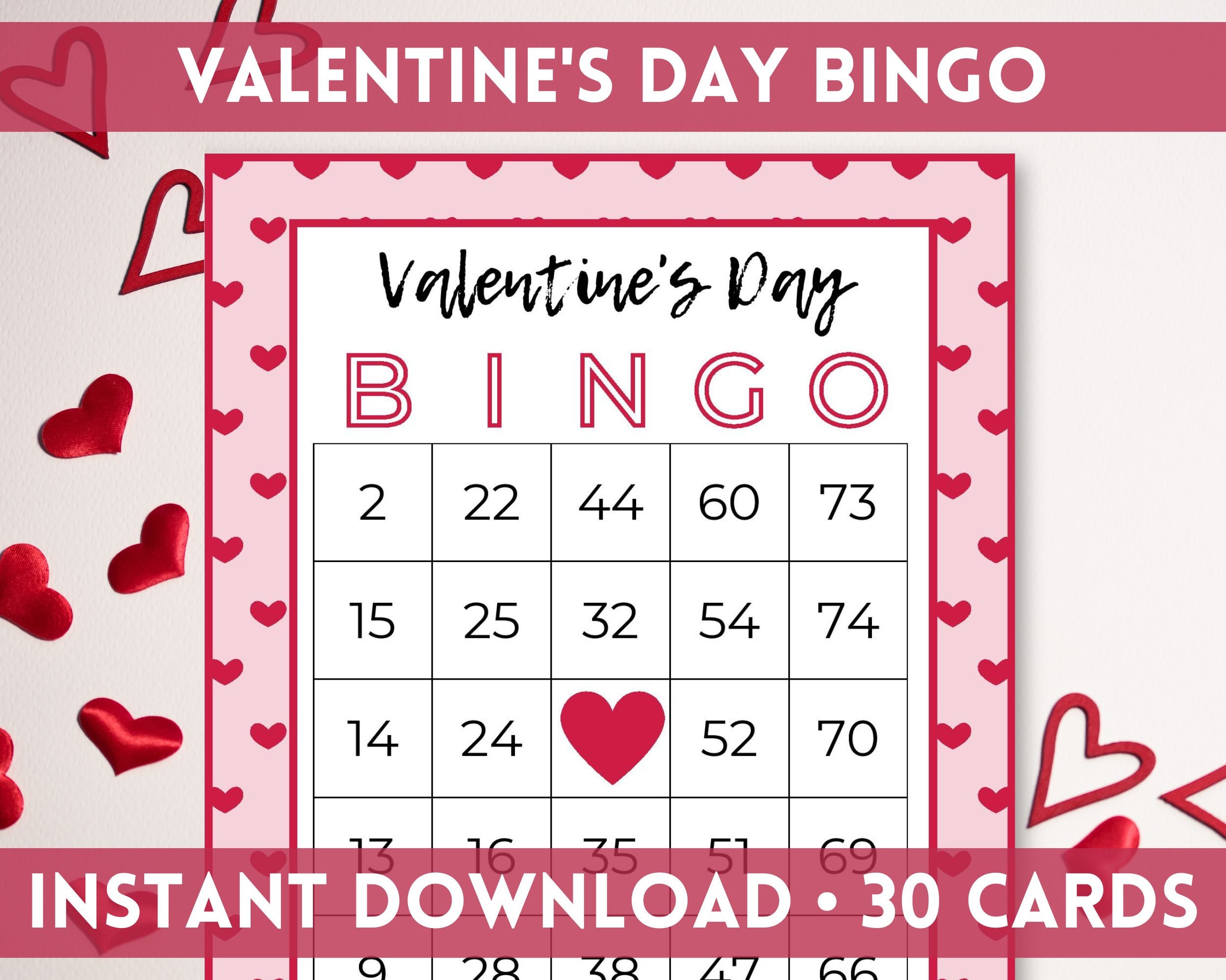 30 Valentines Day Bingo Cards Printable | Pink, Red Valentines Bingo ...