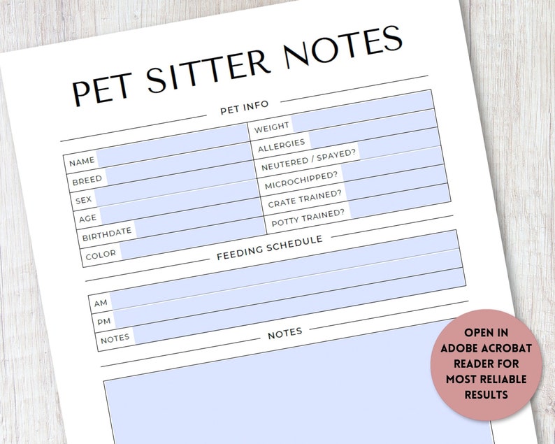 Editable Pet Sitter Notes Printable | Pet Sitter Form | Pet Sitting ...