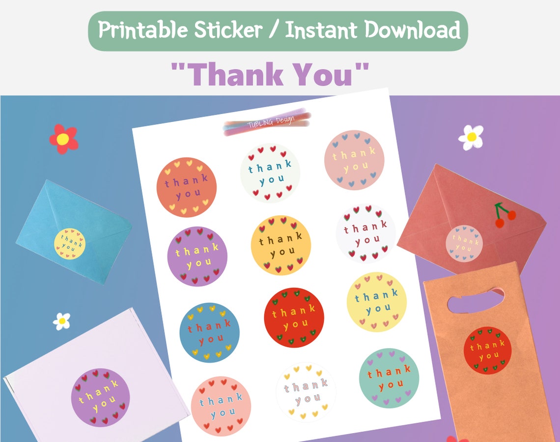 THANK YOU Stickers Printable, Cute Stickers, PNG Digital Stickers ...