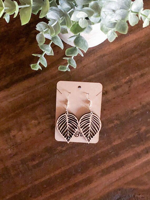 Laser Cut Wood Leaf Dangle Earrings Wooden Boho Earrings Etsy