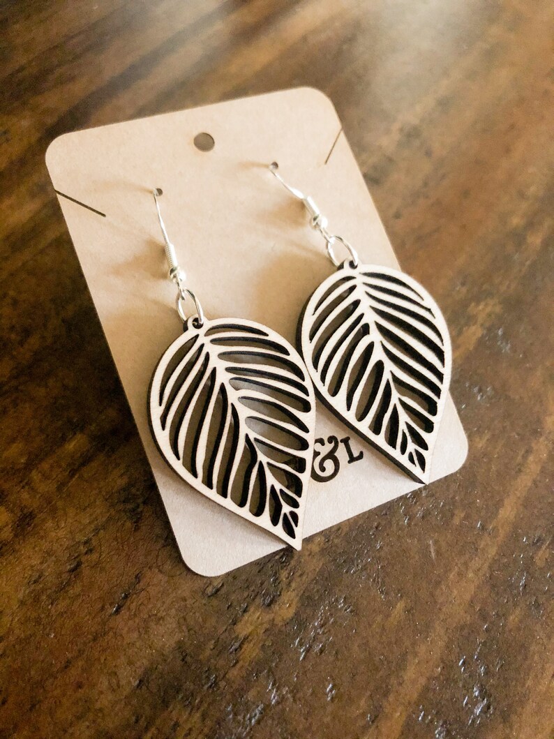 Laser Cut Wood Leaf Dangle Earrings Wooden Boho Earrings Leaf