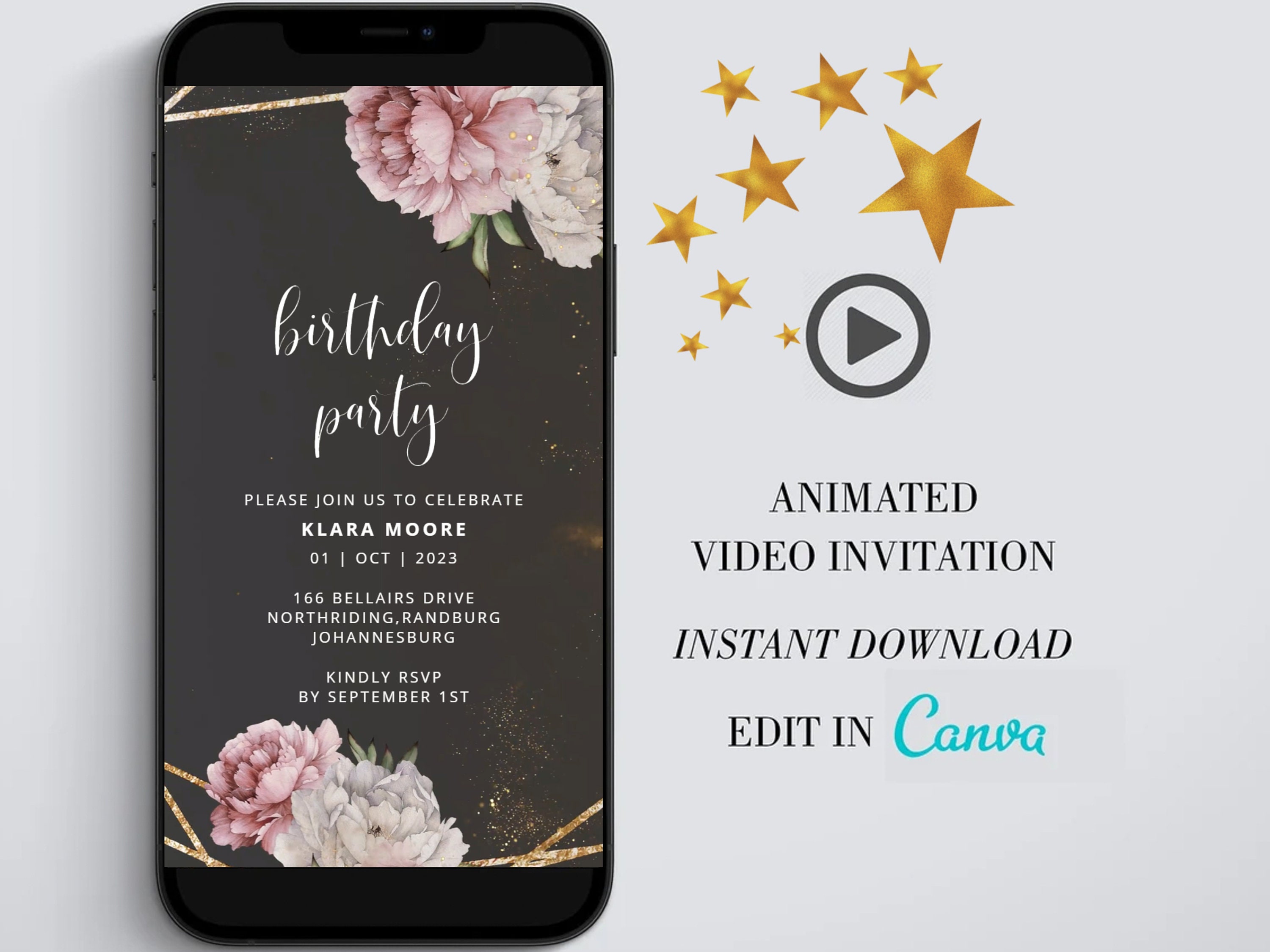 Digital Birthday Video Invitation, Gold Editable Invite, Personalized ...