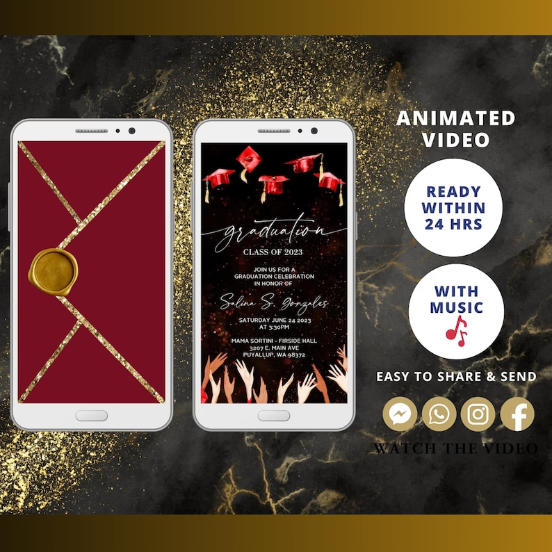 Class of 2026 Graduation Party Video Invitation, Gold & Red Cap Evite ...