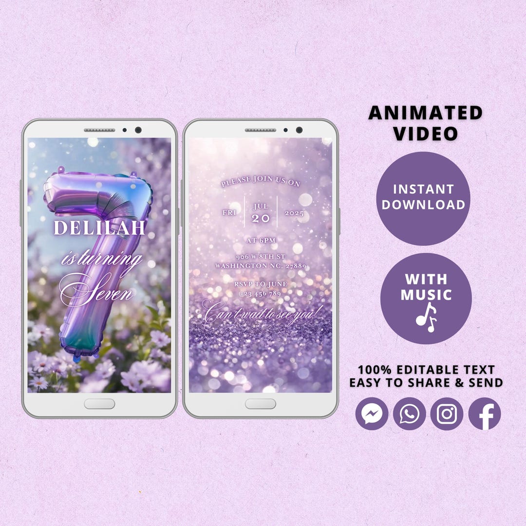 Rainbow Seventh Birthday Invitation Template, Rainbow Video Invitation ...