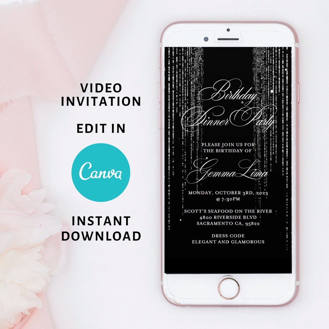Silver Birthday Dinner Video Invitation – Glitter Drip Editable Evite ...