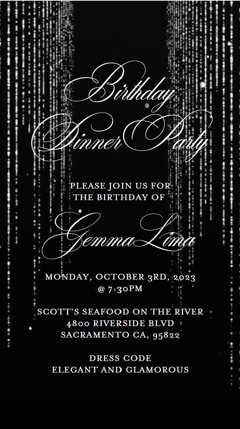 Silver Birthday Dinner Video Invitation – Glitter Drip Editable Evite ...