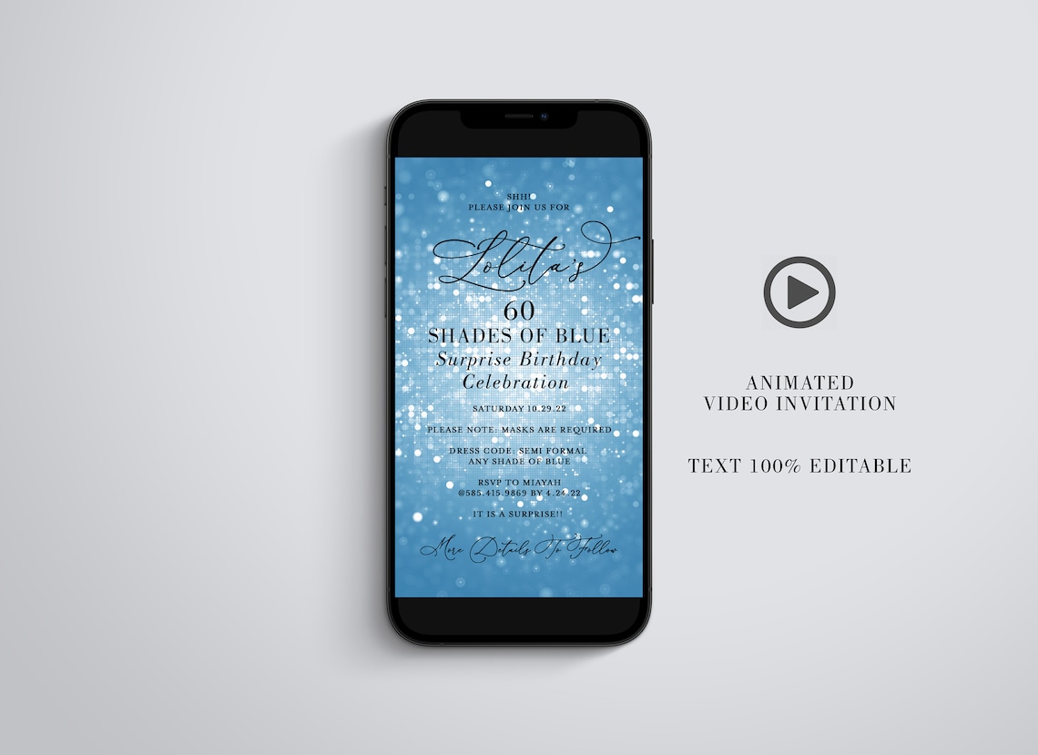Convite de aniversário em vídeo digital com glitter azul claro ...