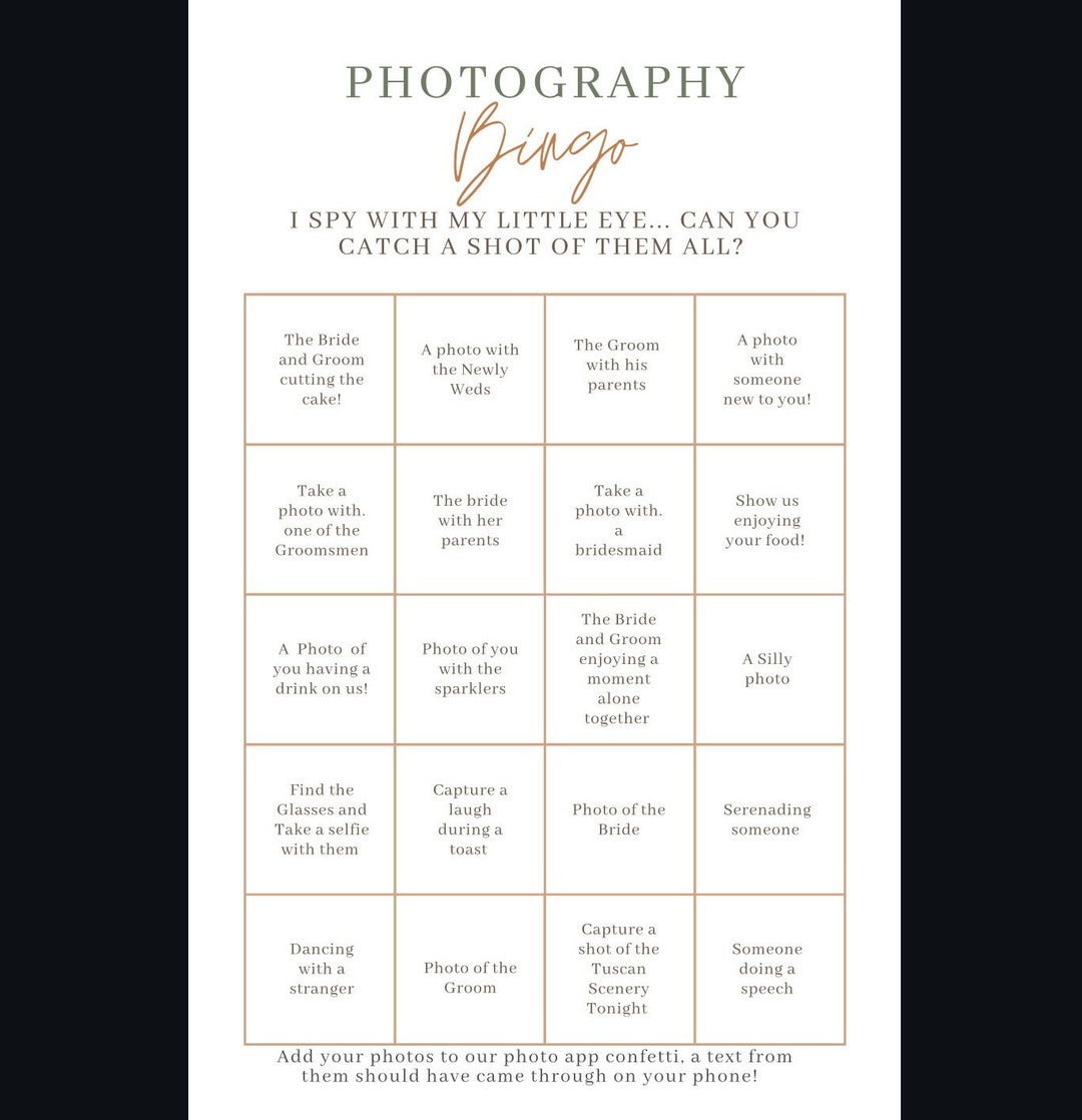 Handmade Photography Bingo for Events, Weddings, Showers, Bingo Event ...