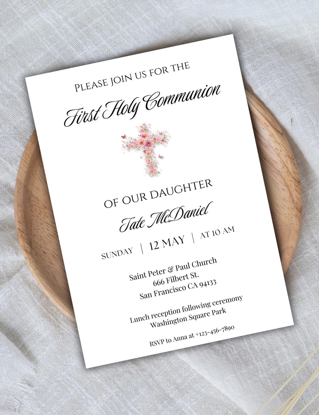 First Holy Communion Girl Invitation, Floral Cross Holy Communion ...