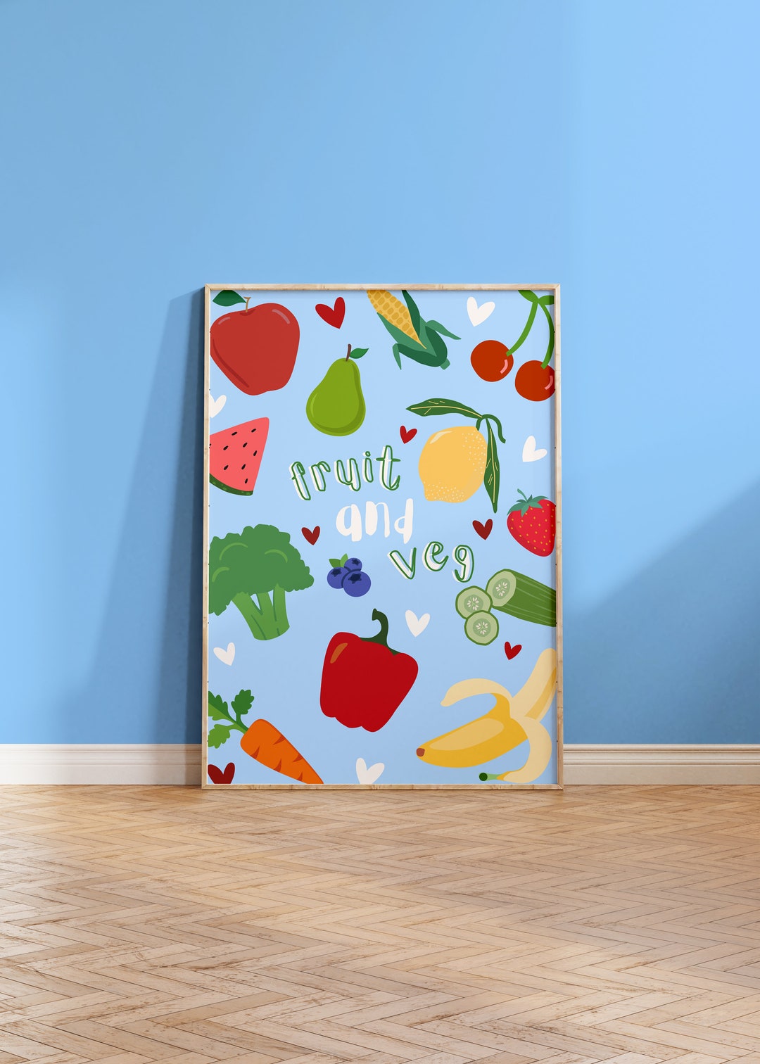Fruit and Veg Wall Print, Poster, Kitchen Art, Fruit, Vegetables, Blue ...