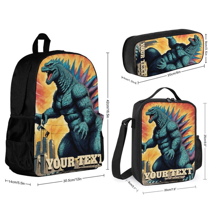 Personalized Godzilla Backpack Set Rucksack Lunch Box & Pencil Case - Etsy