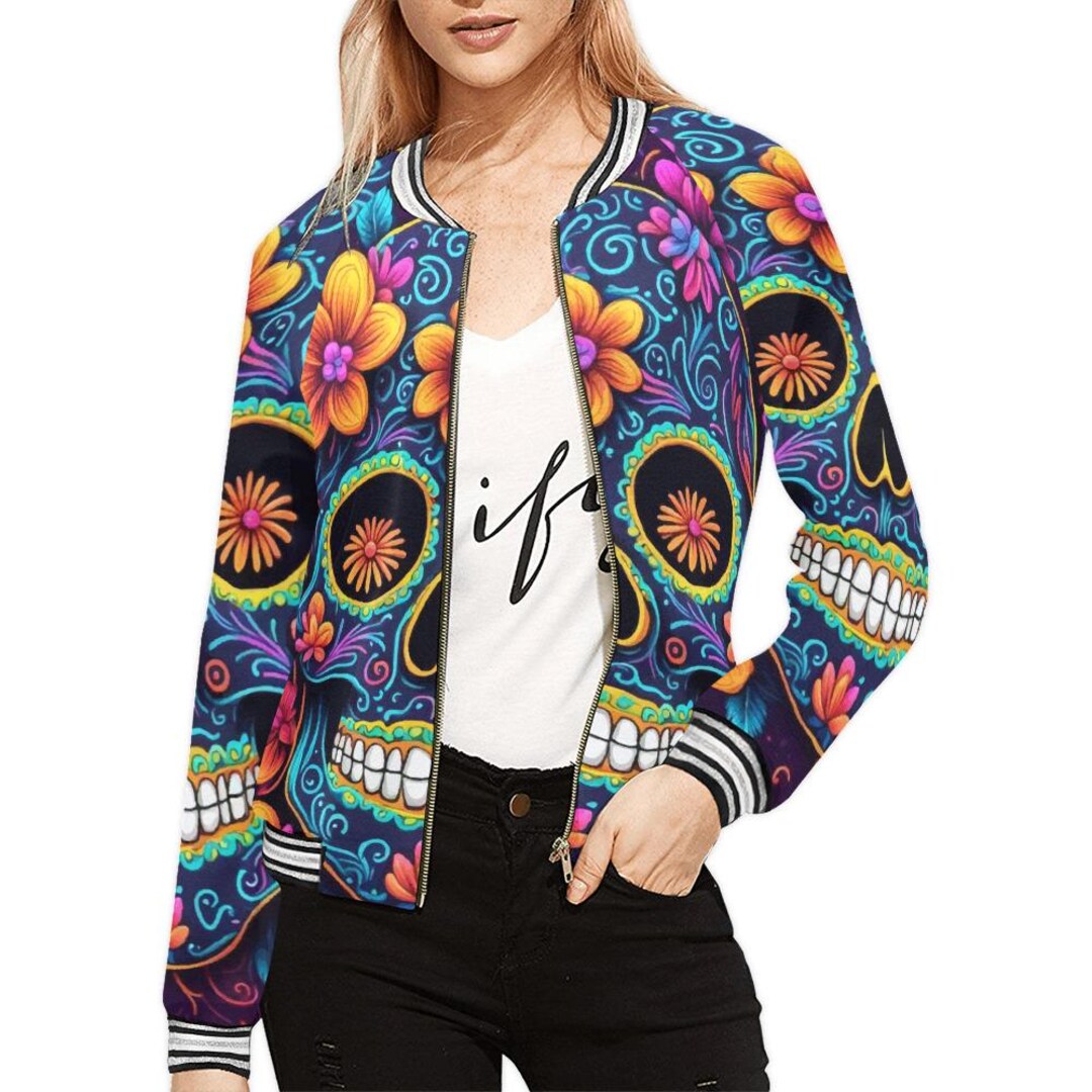 Women's Sugar Skull Bomber Jacket Día De Los Muertos Chicano Style - Etsy