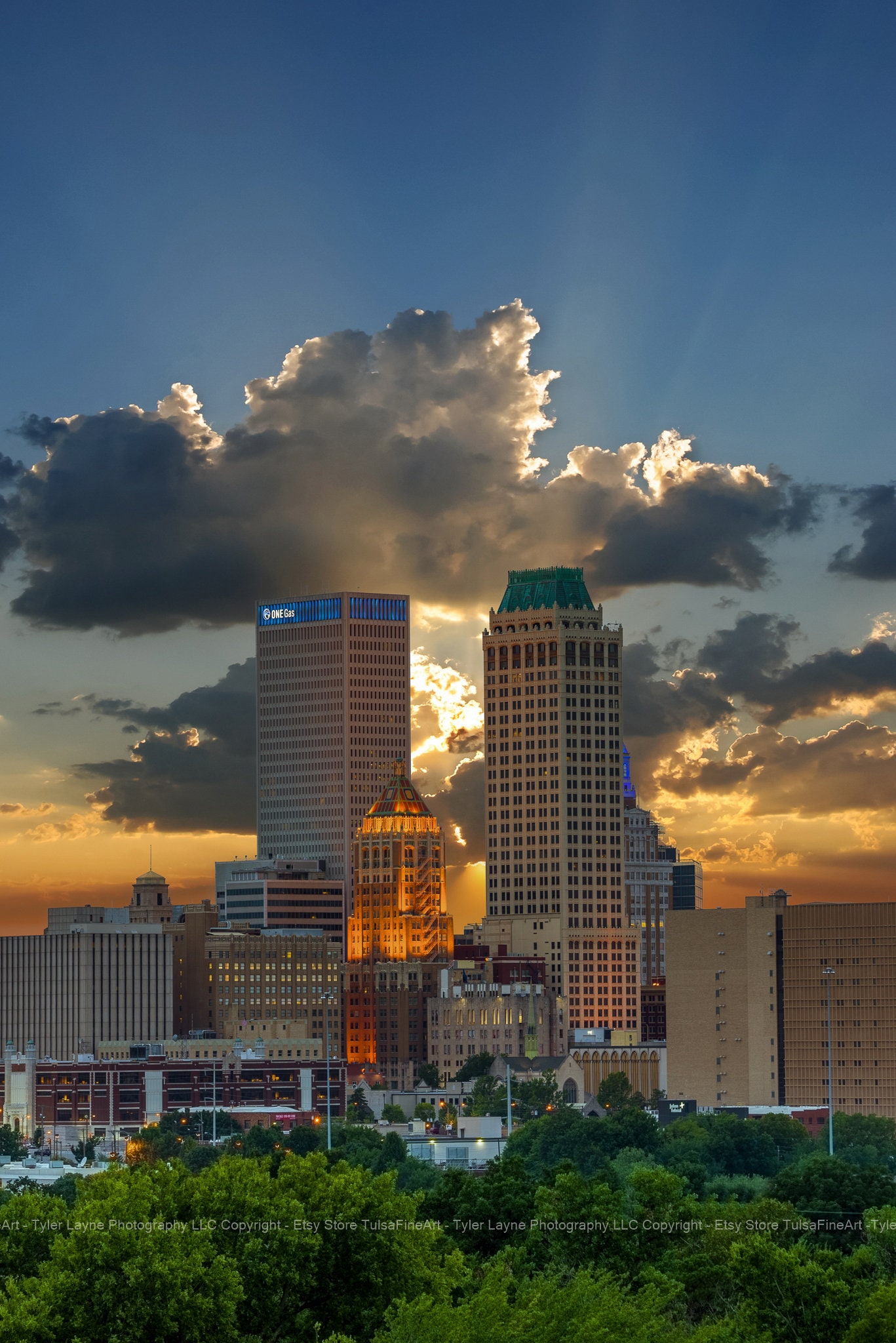 Tulsa Oklahoma Skyline Wall Art; Sunset; Downtown Tulsa, Architecture ...