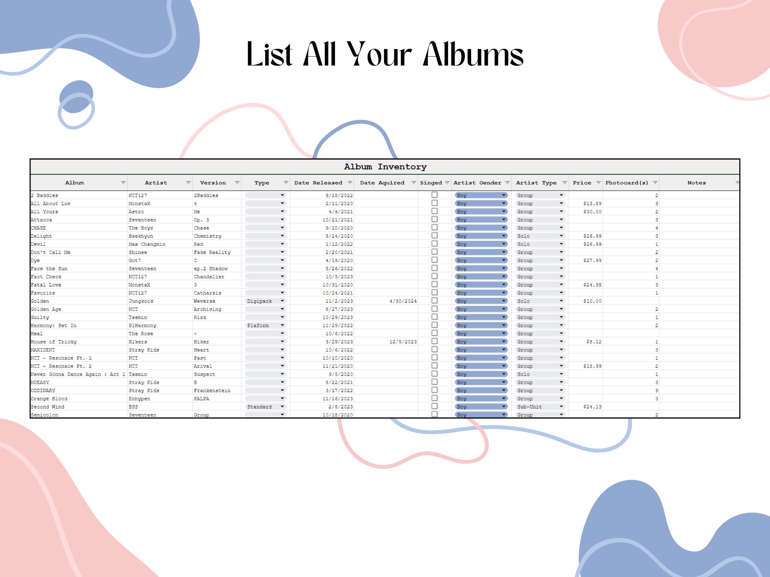 K-pop Collection Google Sheet Template - Etsy