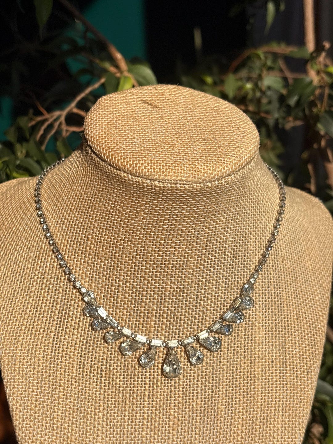 Vintage Tear Drop Rhinestone Silver Necklace Choker Adjust Antique ...