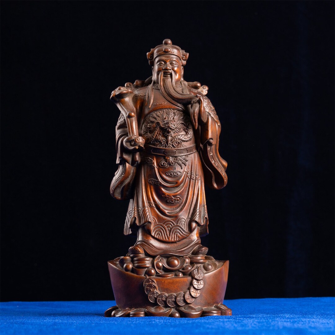 Chinese Wealth God Statue Brown Wood Handmade Carving for - Etsy